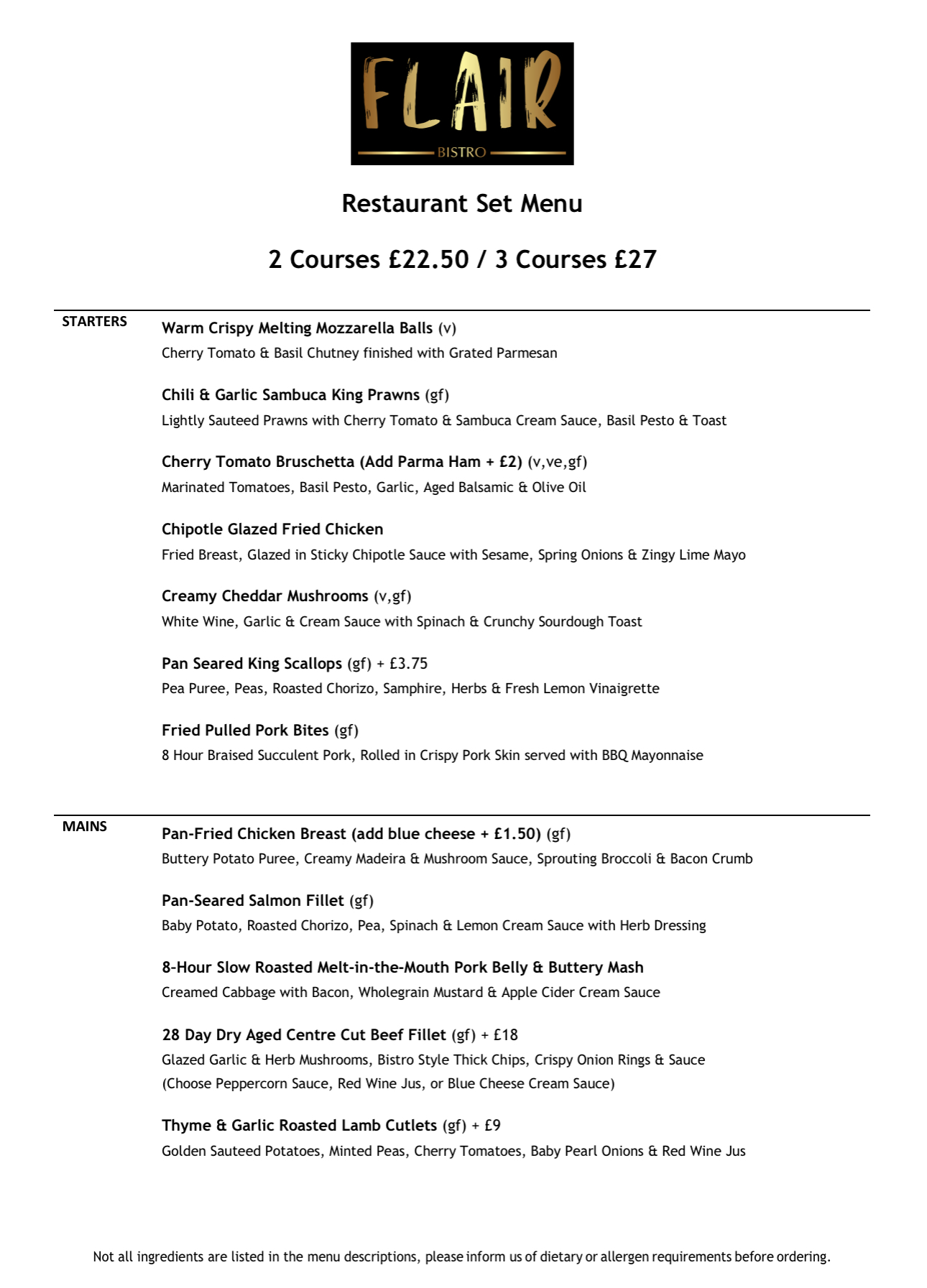Set Menu – Flair Bistro