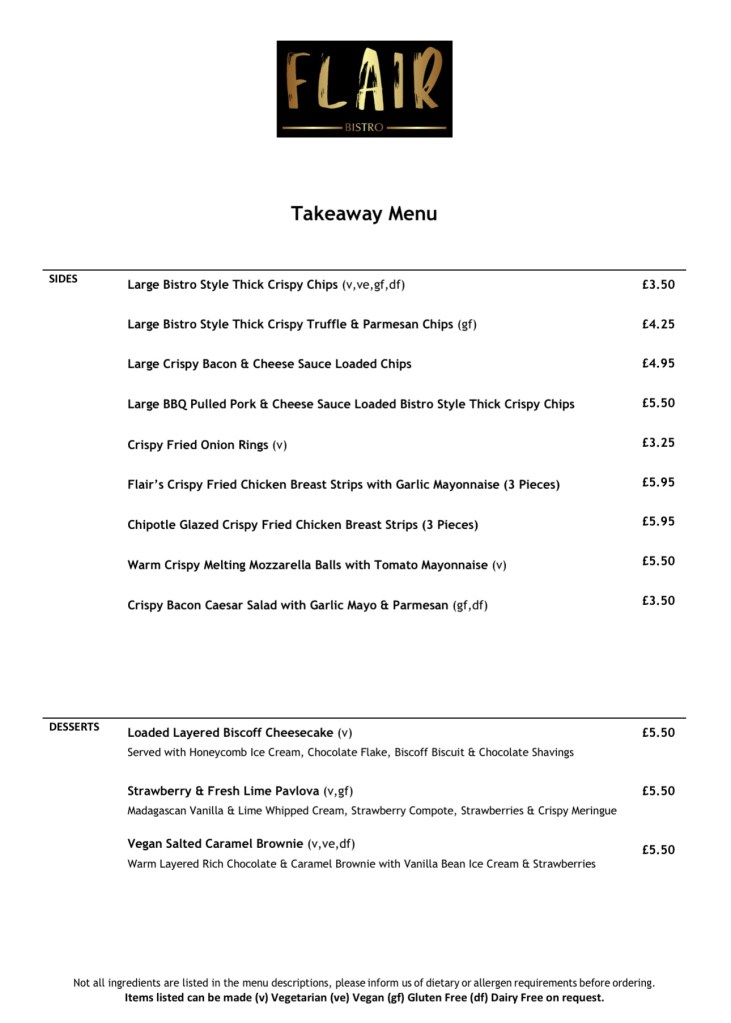 Takeaway Menu – Flair Bistro