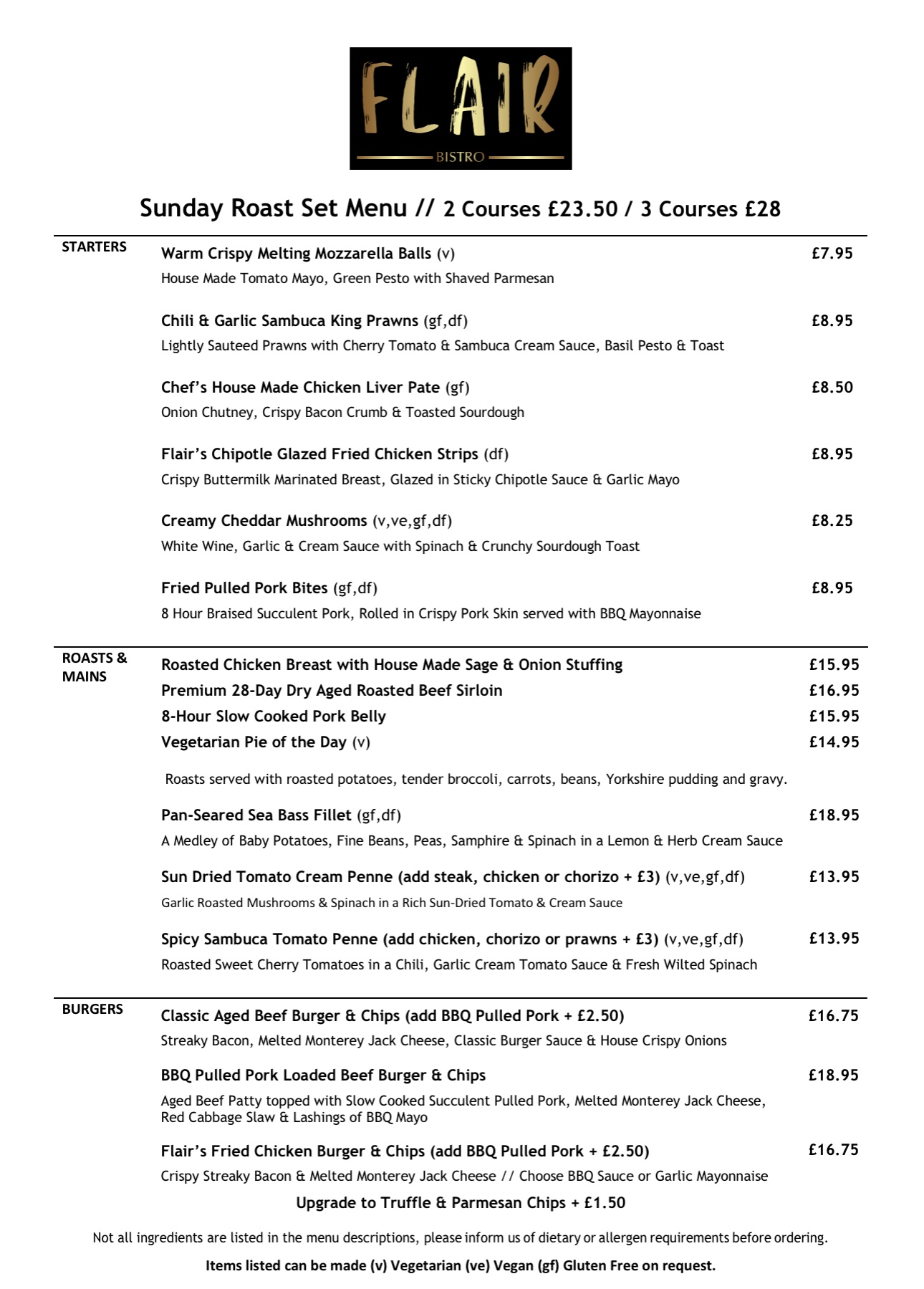 Sunday Roast Menu – Flair Bistro