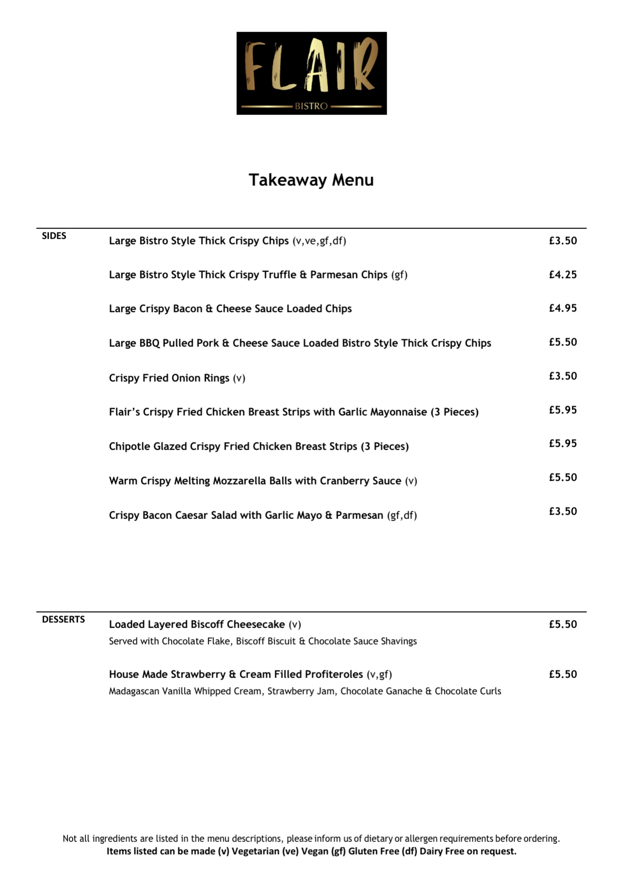 Takeaway Menu – Flair Bistro