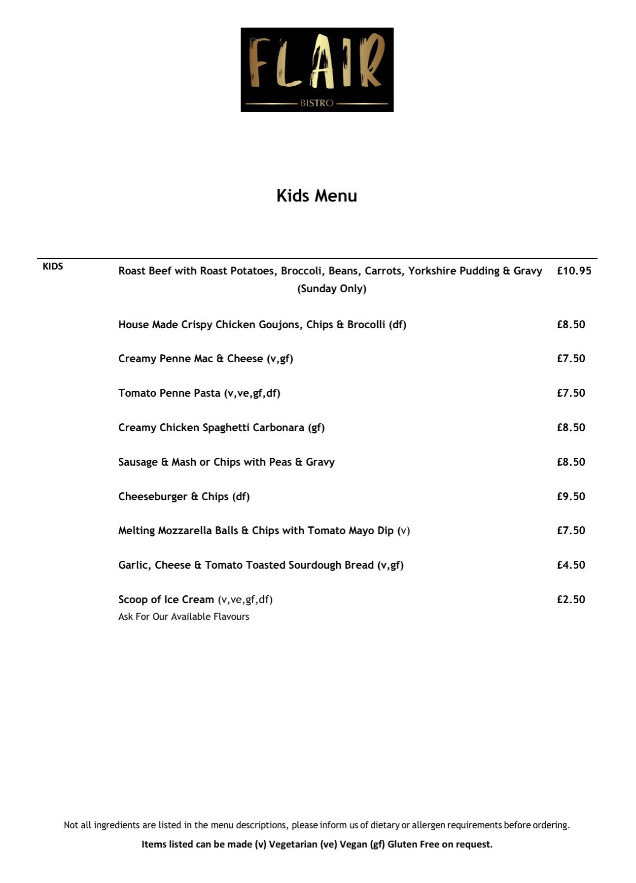 Kids Menu – Flair Bistro