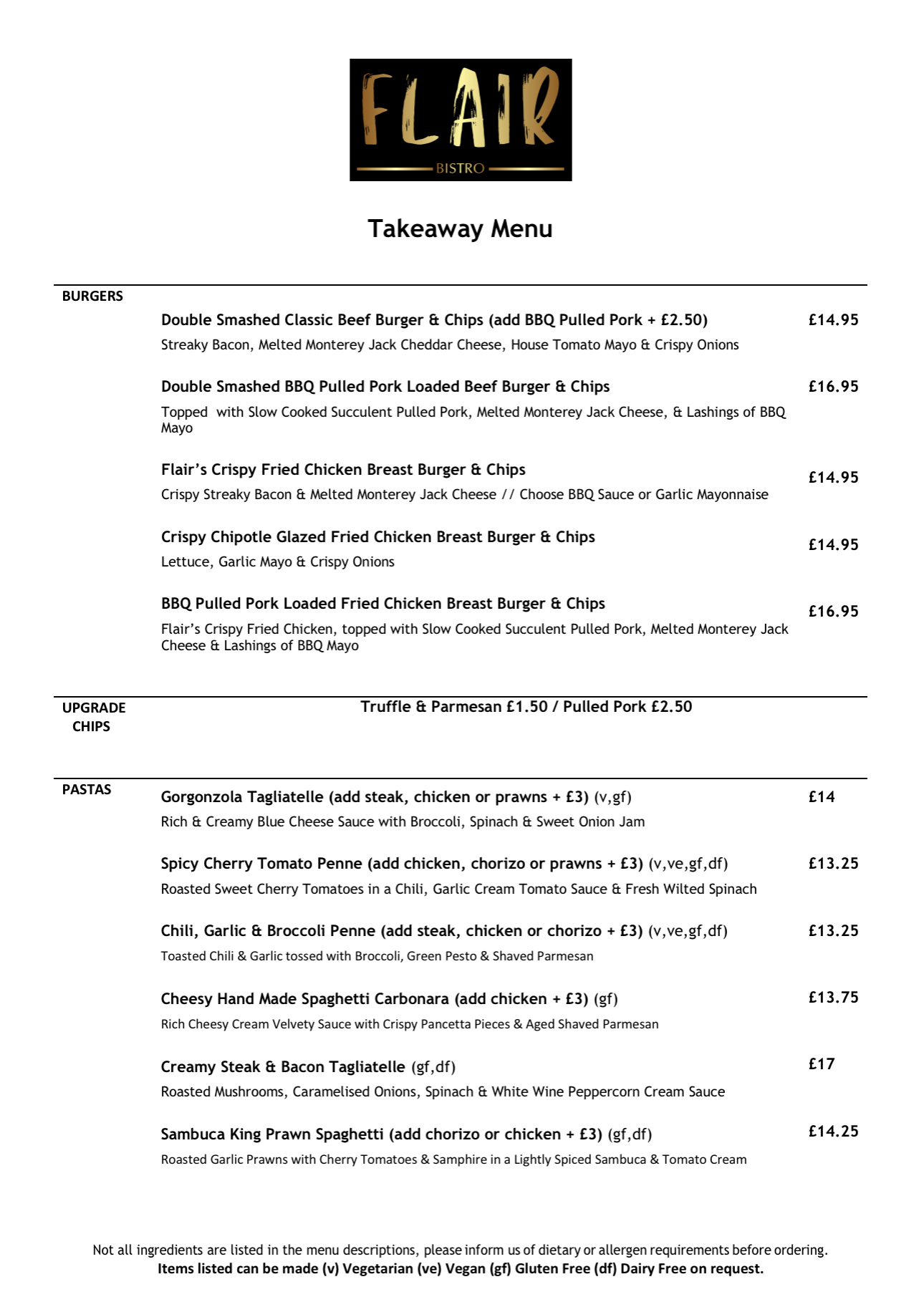 Takeaway Menu – Flair Bistro