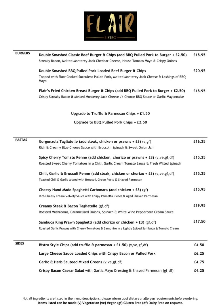 Restaurant Menu – Flair Bistro